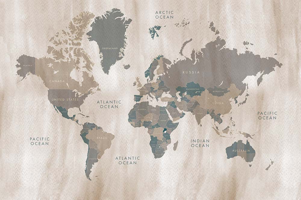 Krem Bej Tonlarında Dünya Haritası Ülke isimleri Yazılı Duvar Kağıdı ...